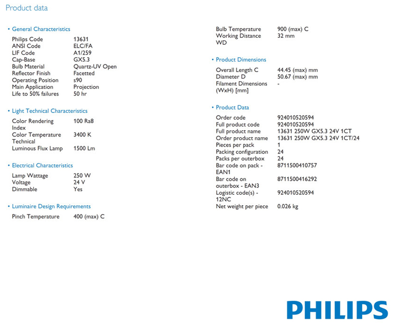 飞利浦PHILIPS 13631 250W 24V - 百明汇照明科技|舞台照明|紫外杀菌灯|医疗光源|特殊光源解决方案